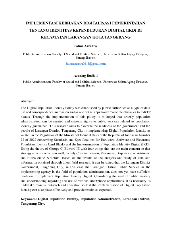 (PDF) Identitas Kependudukan Digital (IKD) di Kecamatan Larangan Kota Tangerang