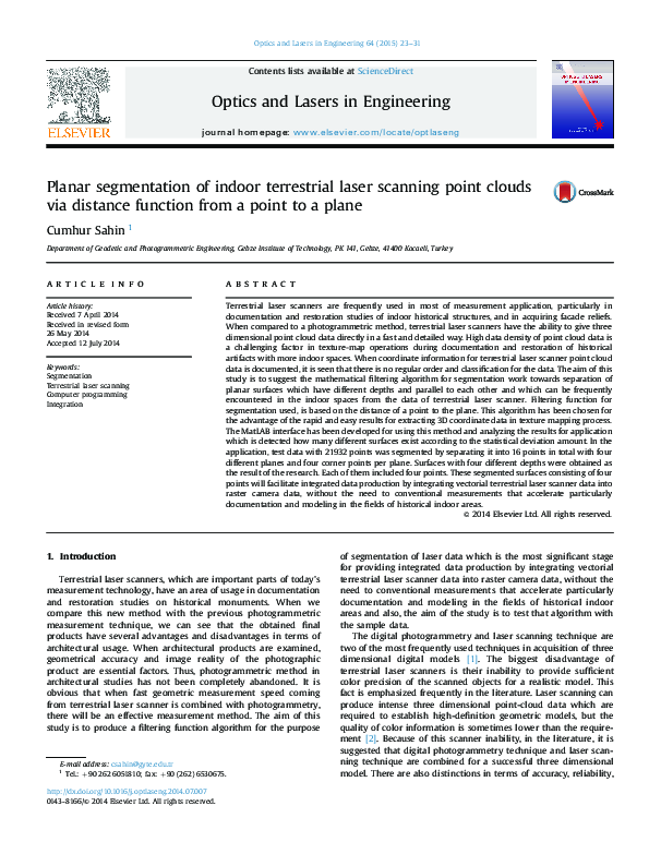 (PDF) Planar segmentation of indoor terrestrial laser scanning point clouds via distance ...