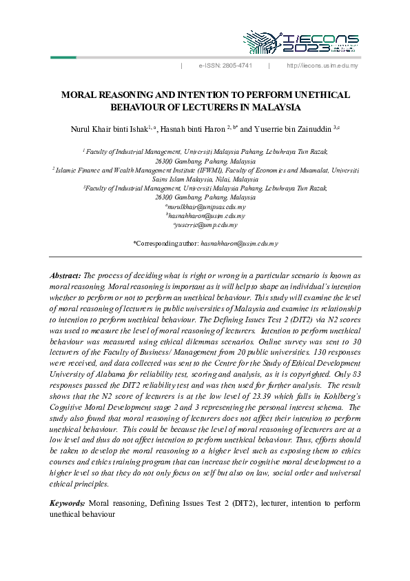(PDF) Moral Reasoning and Intention to Perform Unethical Behaviour of ...