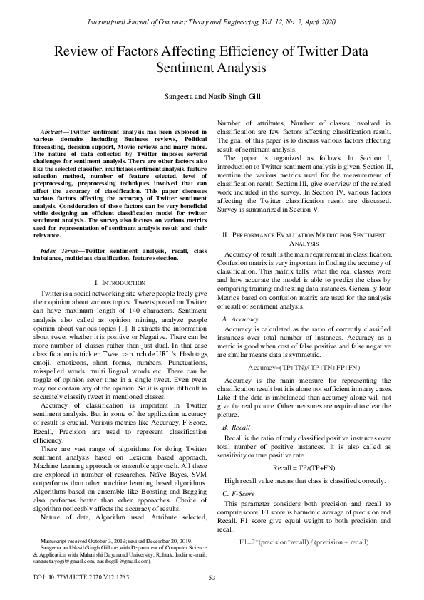 (PDF) Review of Factors Affecting Efficiency of Twitter Data Sentiment Analysis