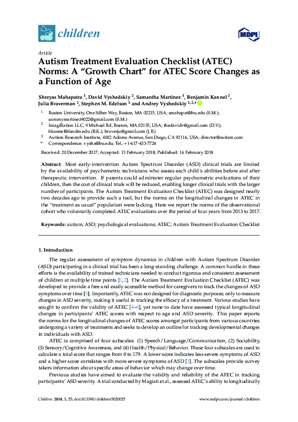 (PDF) Autism Treatment Evaluation Checklist (ATEC) Norms: A "Growth ...