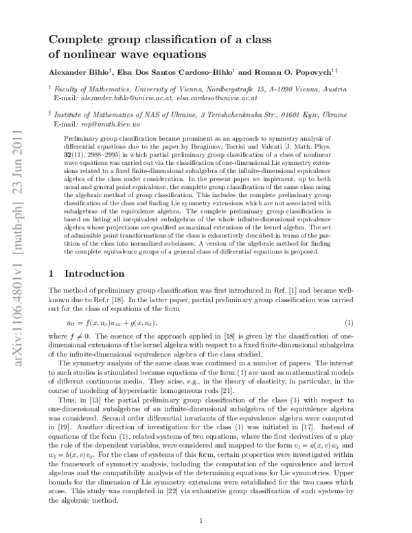 (PDF) Complete group classification of a class of nonlinear wave equations