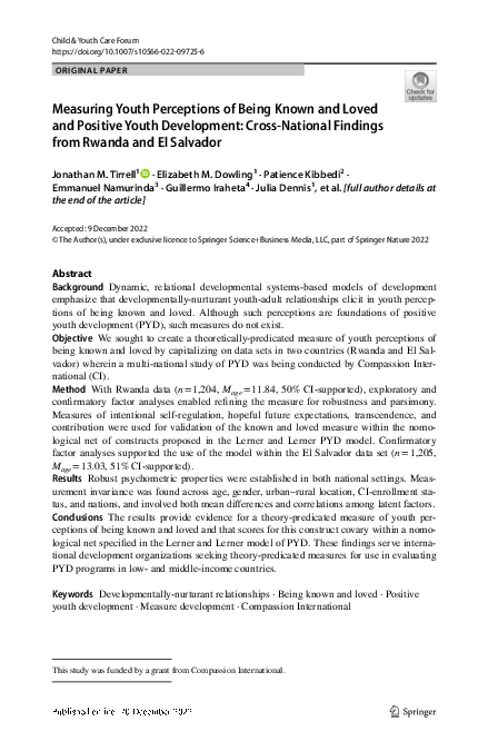 (PDF) Measuring Youth Perceptions of Being Known and Loved and Positive Youth Development: Cross ...