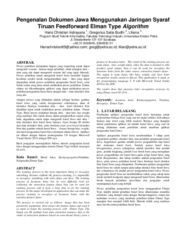 (PDF) Pengenalan Dokumen Jawa Menggunakan Jaringan Syaraf Tiruan Feedforward Elman Type Algorithm