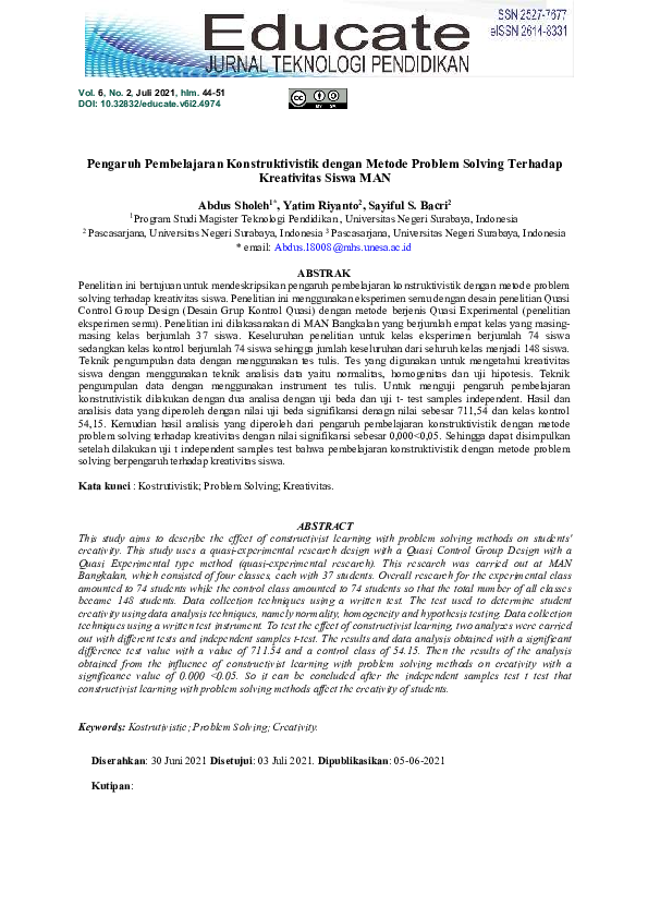 (PDF) Pengaruh Pembelajaran Konstruktivistik dengan Metode Problem Solving Terhadap Kreativitas ...