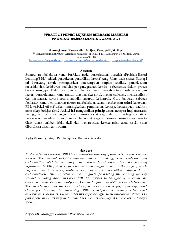 (PDF) Jurnal Strategi Pembelajaran Berbasis Masalah