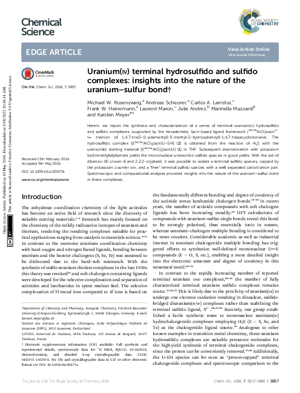 (PDF) Uranium(iv) terminal hydrosulfido and sulfido complexes: insights ...