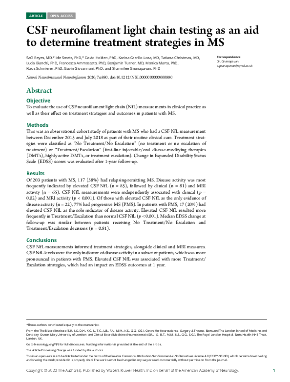 (PDF) CSF neurofilament light chain testing as an aid to determine ...