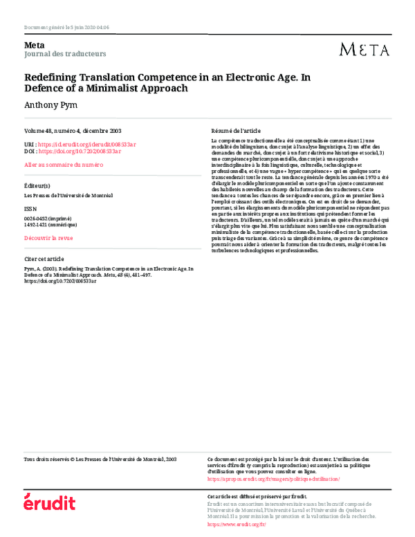 (PDF) Redefining Translation Competence in an Electronic Age. In ...