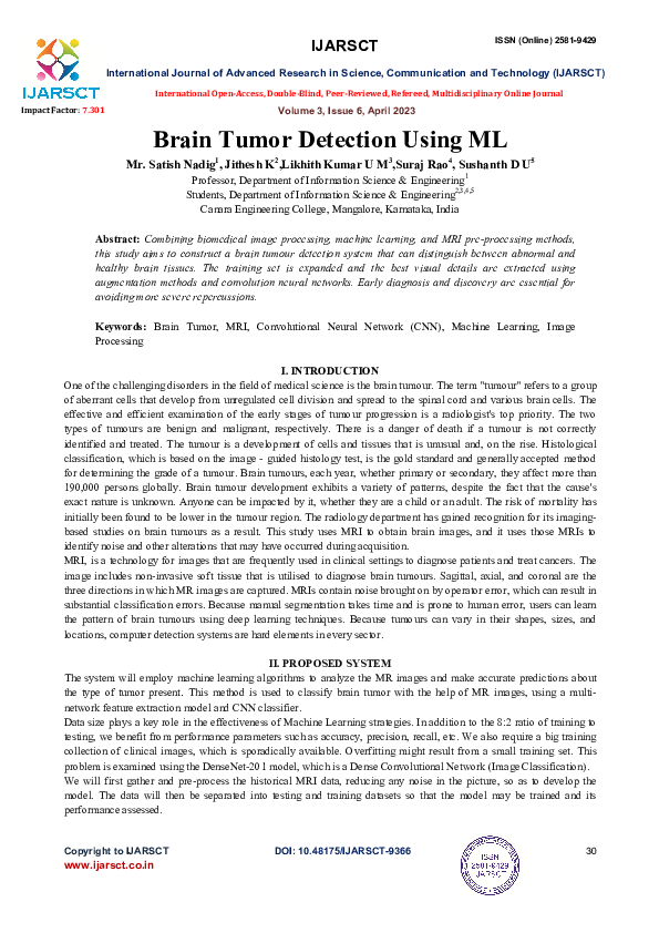(PDF) Brain Tumor Detection Using ML