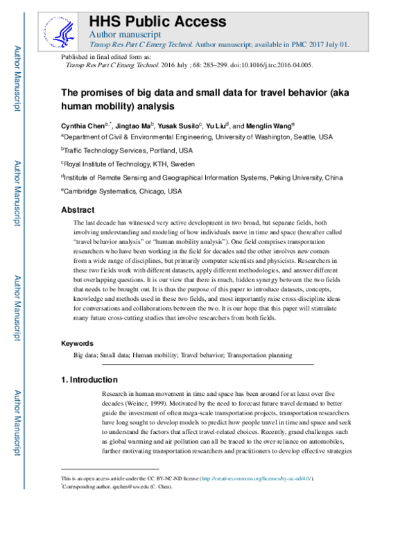 (PDF) The promises of big data and small data for travel behavior (aka human mobility) analysis