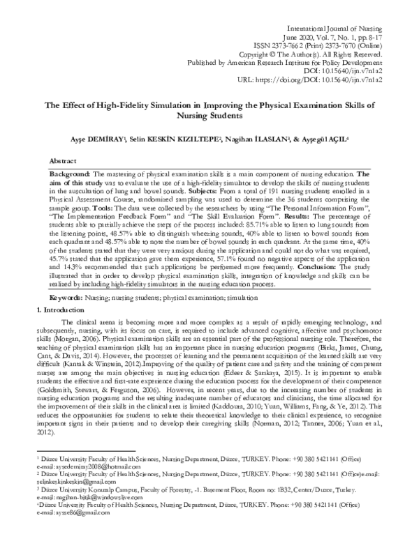 (PDF) The Effect of High-Fidelity Simulation in Improving the Physical Examination Skills of ...