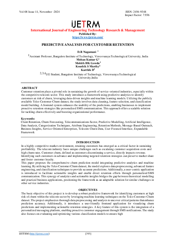 (PDF) PREDICTIVE ANALYSIS FOR CUSTOMER RETENTION