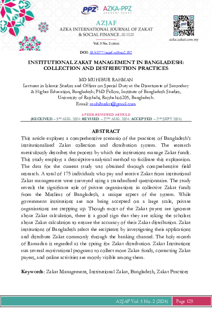 (PDF) Institutional Zakat Management in Bangladesh: Collection and Distribution Practices