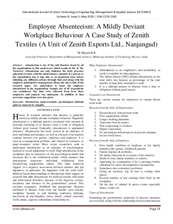 (PDF) Employee Absenteeism A Mildly Deviant Workplace Behaviour