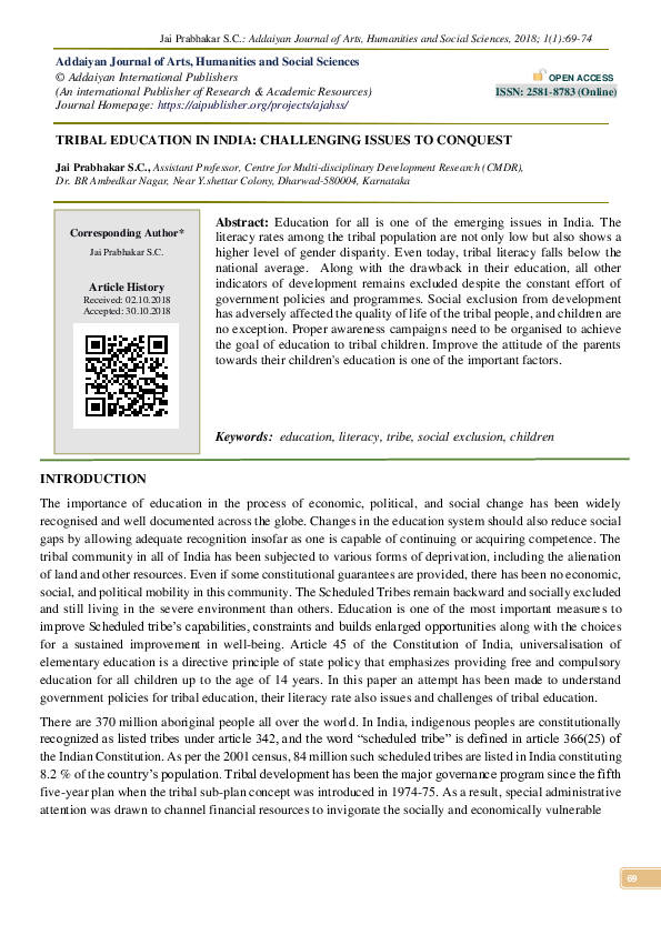 (PDF) TRIBAL EDUCATION IN INDIA: CHALLENGING ISSUES TO CONQUEST