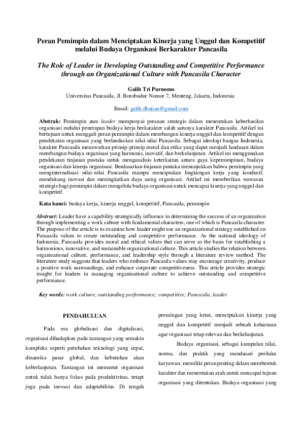 (PDF) Peran Pemimpin dalam Menciptakan Kinerja yang Unggul dan Kompetitif melalui Budaya ...