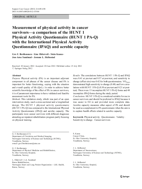 (PDF) Measurement of physical activity in cancer survivors—a comparison ...