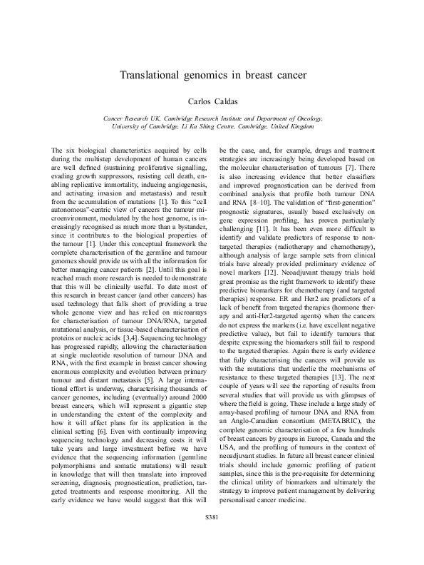 (PDF) Translational genomics in breast cancer