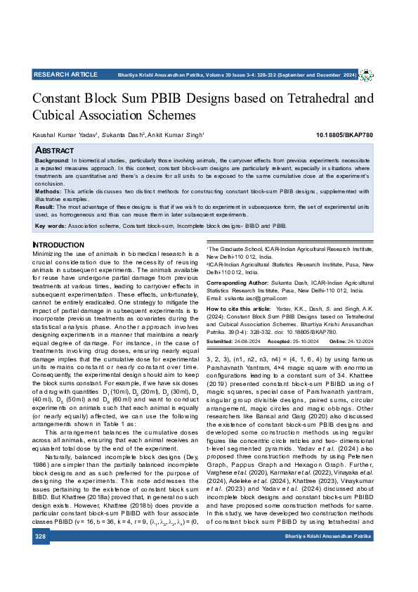 (PDF) Constant Block Sum PBIB Designs based on Tetrahedral and Cubical ...