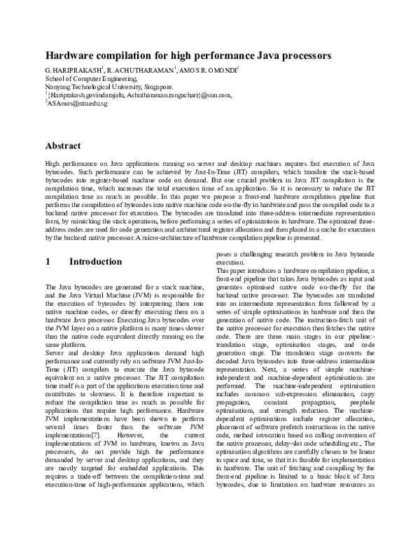 (PDF) Hardware compilation for high performance Java processors