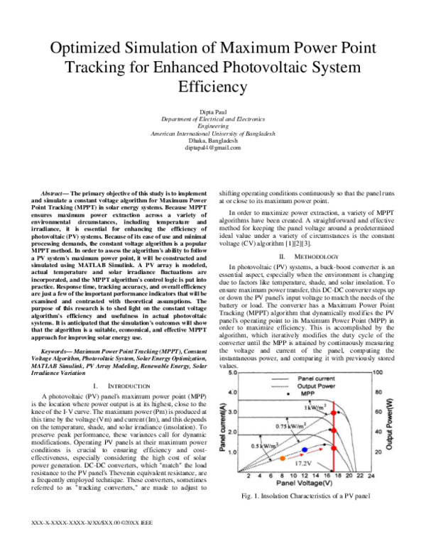 Pdf Optimized Simulation Of Maximum Power Point Tracking For Enhanced