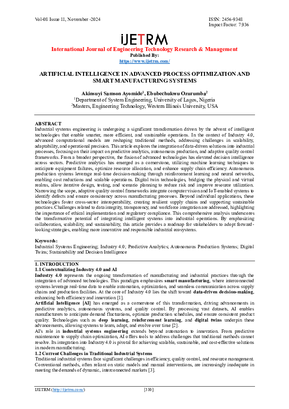 (PDF) ARTIFICIAL INTELLIGENCE IN ADVANCED PROCESS OPTIMIZATION AND ...