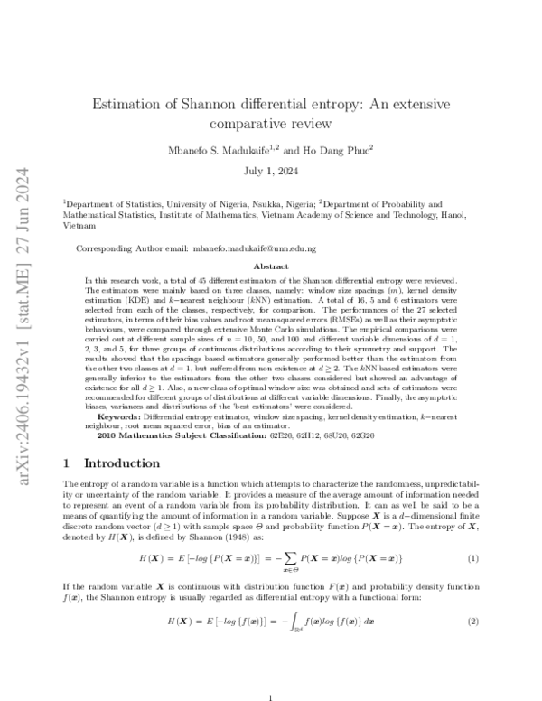 (PDF) Estimation of Shannon differential entropy: An extensive comparative review