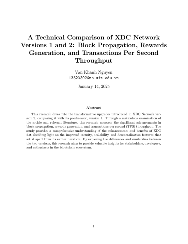 (PDF) A Technical Comparison of XDC Network Version 1 and 2: Block ...