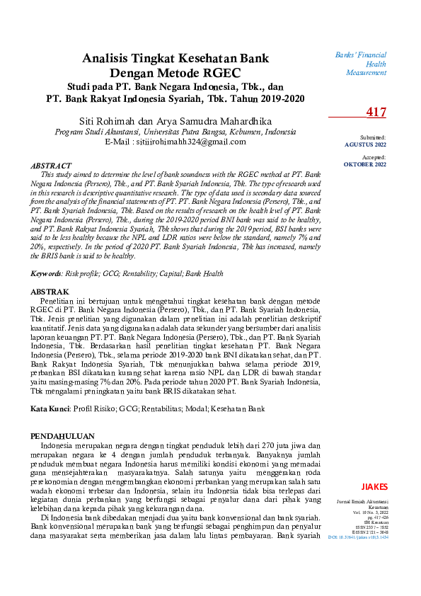 (PDF) Analisis Tingkat Kesehatan Bank dengan Metode RGEC