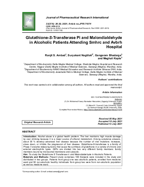 (PDF) GST Pi and Malondialdehyde in Alcoholism Study