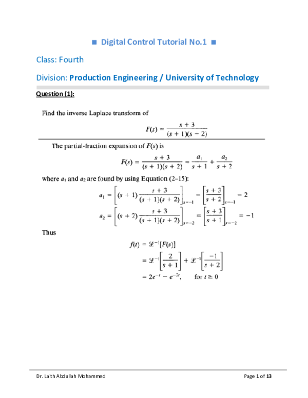 (PDF) Digital Control Tutorial Sheet
