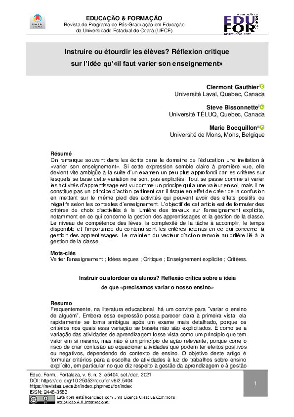 (PDF) Instruire ou étourdir les élèves? Réflexion critique sur l’idée ...