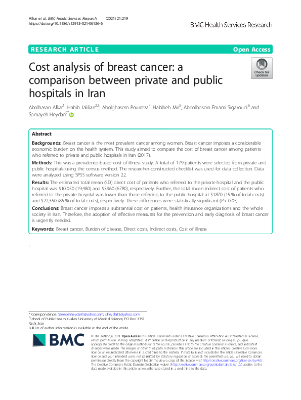 (PDF) Cost analysis of breast cancer: a comparison between private and public hospitals in Iran