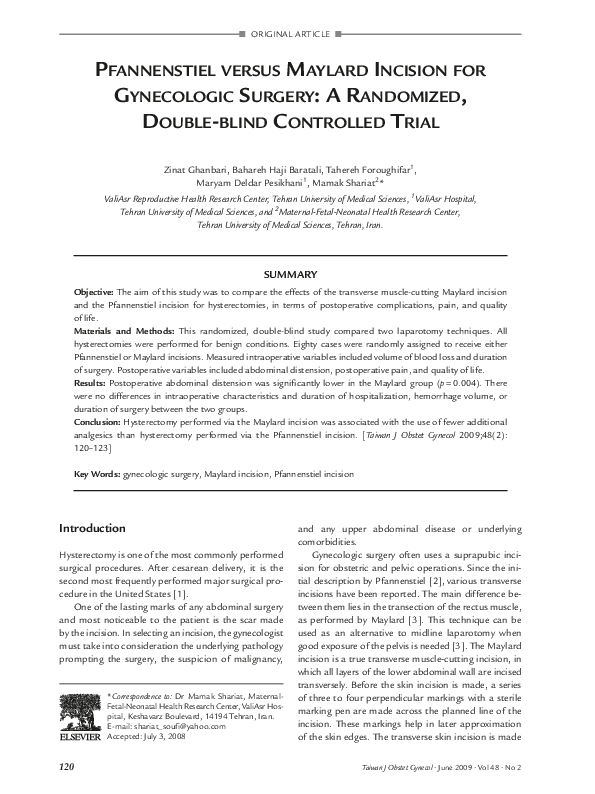 (PDF) Pfannenstiel Versus Maylard Incision for Gynecologic Surgery: A ...