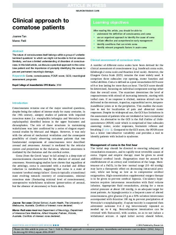 (PDF) Clinical approach to comatose patients