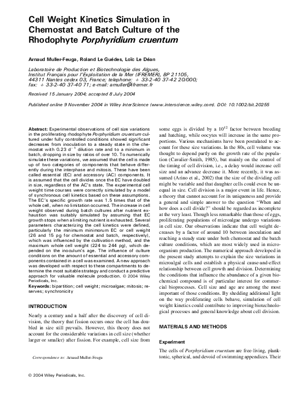 (PDF) Cell weight kinetics simulation in chemostat and batch culture of the ...