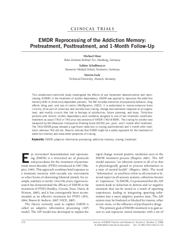 (PDF) EMDR Reprocessing of the Addiction Memory: Pretreatment ...