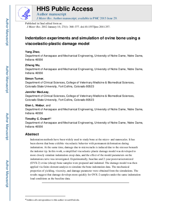 Pdf Indentation Experiments And Simulation Of Ovine Bone Using A