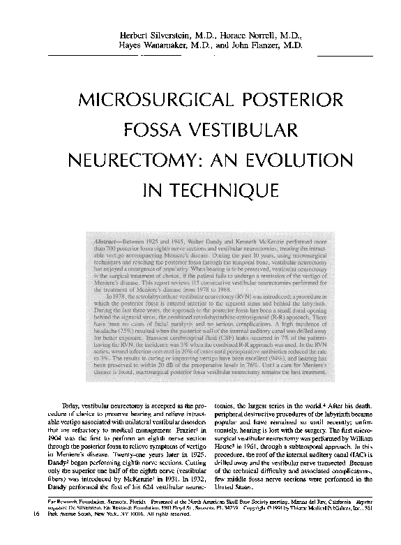 (PDF) Microsurgical Posterior Fossa Vestibular Neurectomy: An Evolution ...