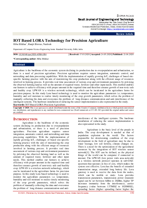 (PDF) IOT Based LORA Technology for Precision Agriculture