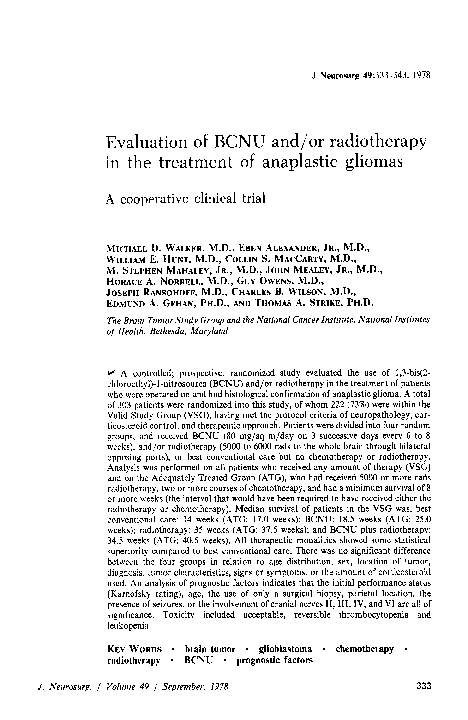 (PDF) Evaluation of BCNU and/or radiotherapy in the treatment of anaplastic gliomas