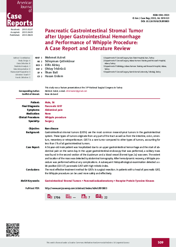 (PDF) Pancreatic Gastrointestinal Stromal Tumor after Upper ...