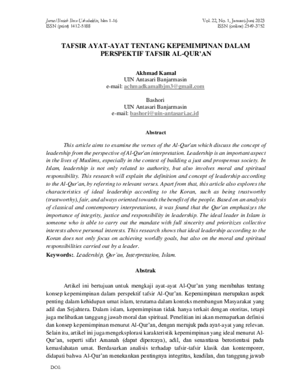 (PDF) Tafsir ayat ayat tentang kepemimpinan dalam perspektif tafsir al Qur’an