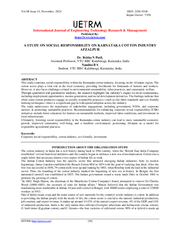 (PDF) A STUDY ON SOCIAL RESPONSIBILITY ON KARNATAKA COTTON INDUSTRY ...