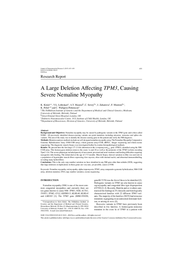 (PDF) A Large Deletion Affecting TPM3, Causing Severe Nemaline Myopathy