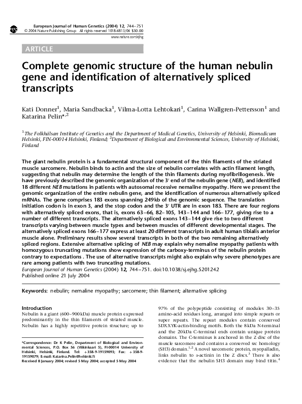 (PDF) Complete genomic structure of the human nebulin gene and ...