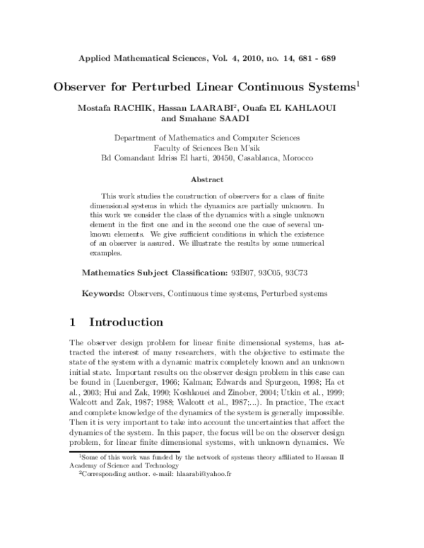 (PDF) Observer for Perturbed Linear Continuous Systems 1