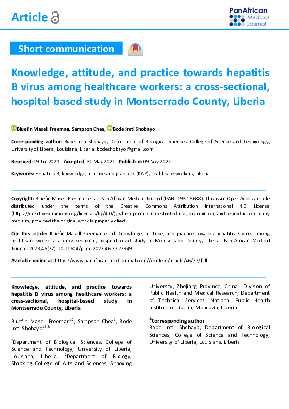 (PDF) Knowledge, attitude, and practice towards Hepatitis B virus among Healthcare workers: a ...