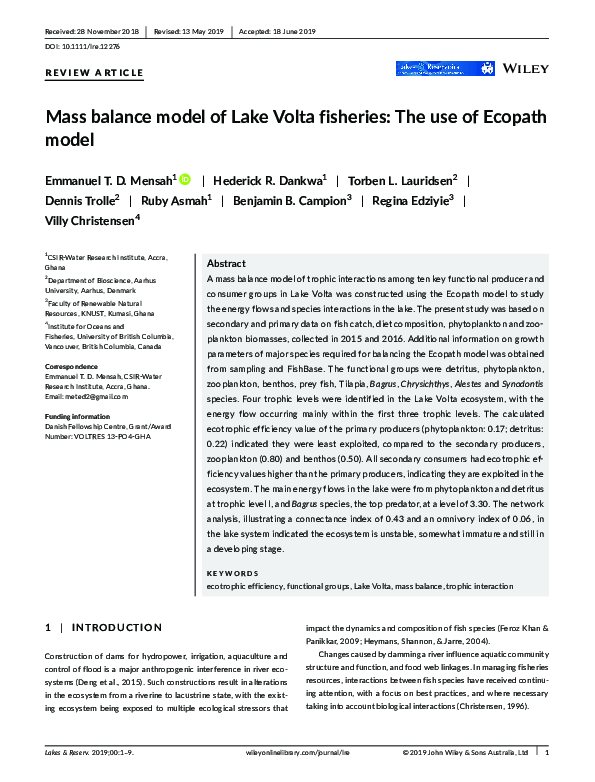 (PDF) Mass balance model of Lake Volta fisheries: The use of Ecopath model